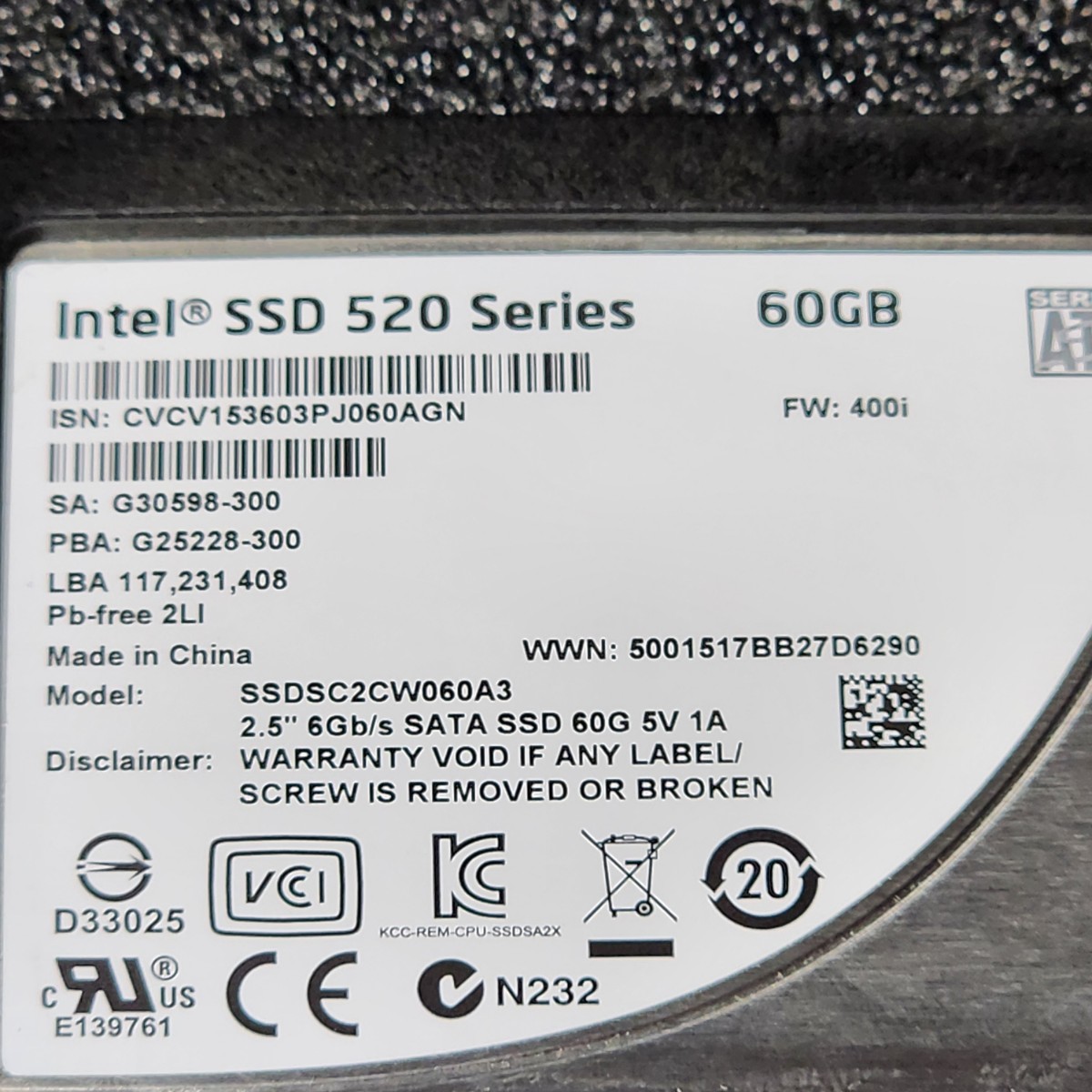 Yahoo!オークション - INTEL SSD 520 SERIES(SSDSC2CW060A3) 60GB SATA...