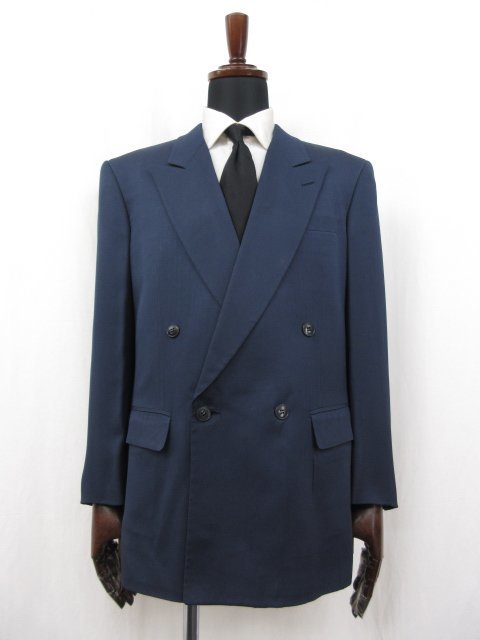 ランバン Lanvin Paris シルク100% ダブル4ボタン 織柄ジャケット ブレザー メンズ Sizer48 45 ネイビー系 微光沢