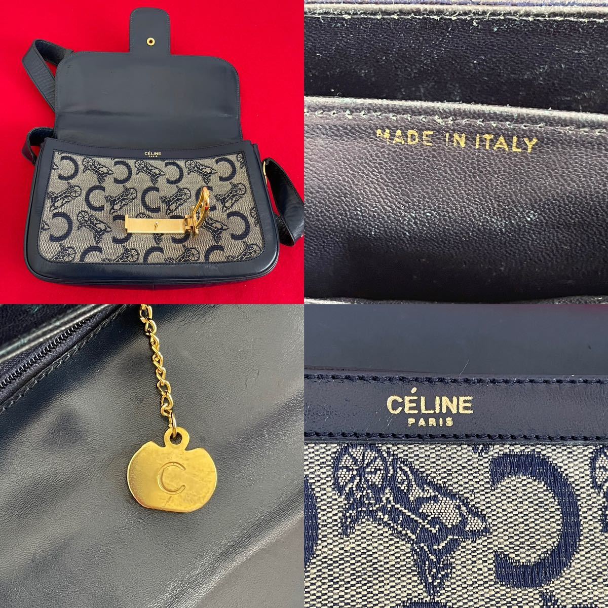 日本代購代標第一品牌【樂淘letao】－CELINE セリーヌ ヴィンテージ Cサルキーショルダーバッグ 馬車金具 キャンバス×レザー ネイビー クラシックボックス