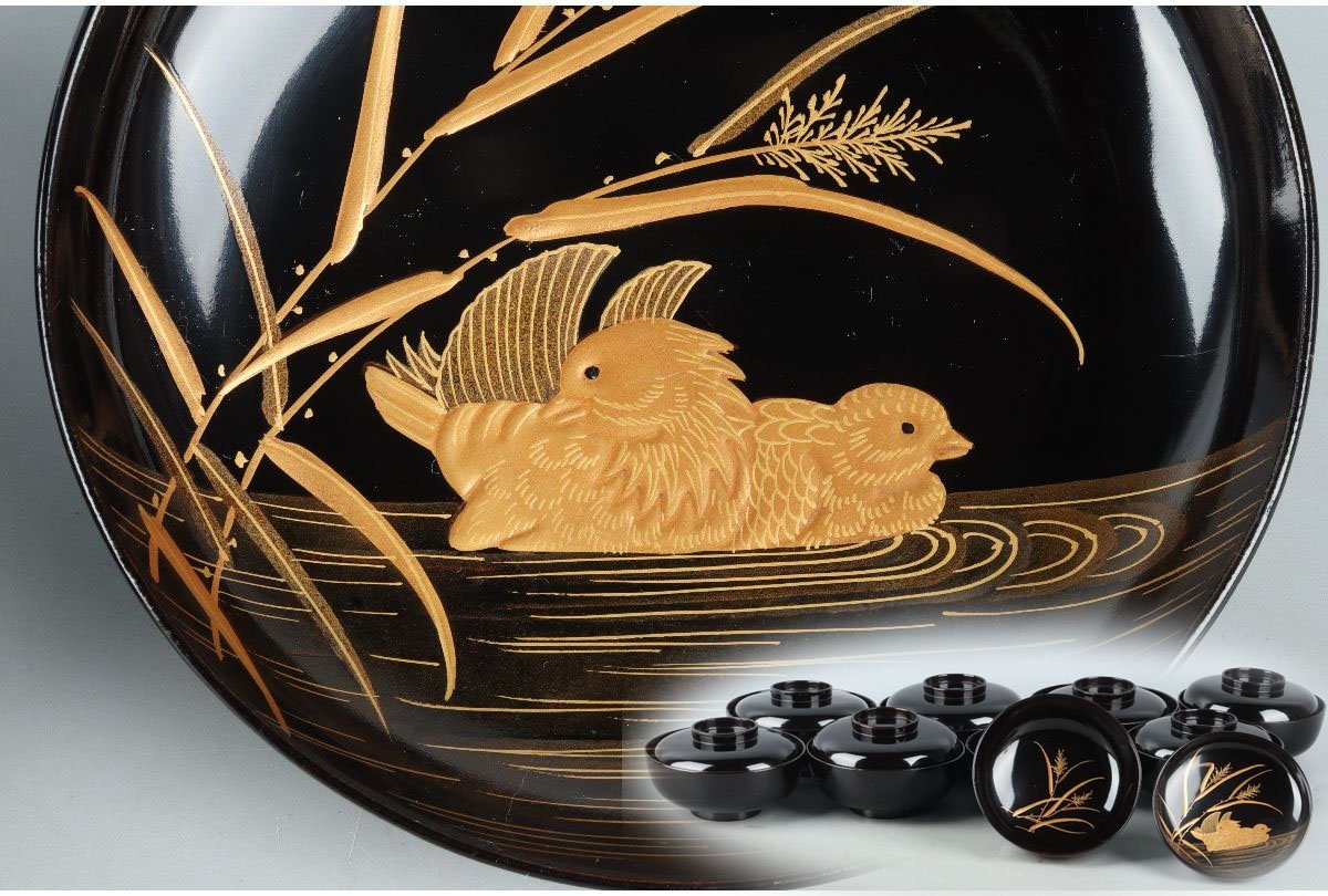 Yahoo!オークション - [URA]漆塗おしどり金蒔絵厚物椀9客/F3/14-s7-24 ...