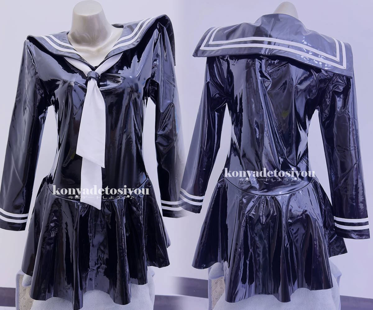 代購代標第一品牌－樂淘letao－Q16黒EXL 超光沢 ラテックス 可愛いセーラー風ワンピース プリーツスカート コスプレ JK 学生制服 仮装 キャバ嬢 変装イベントコスチューム