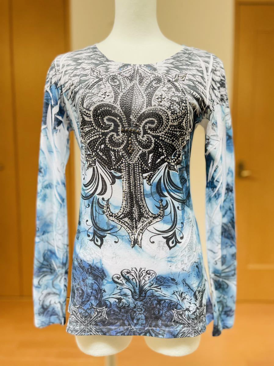 日本代購代標第一品牌【樂淘letao】－USA製「Sara mode」十字架クロスビジュー× ブルー系総柄長袖Tシャツ新品タグ付き DECIDES/レディース/上質コットン