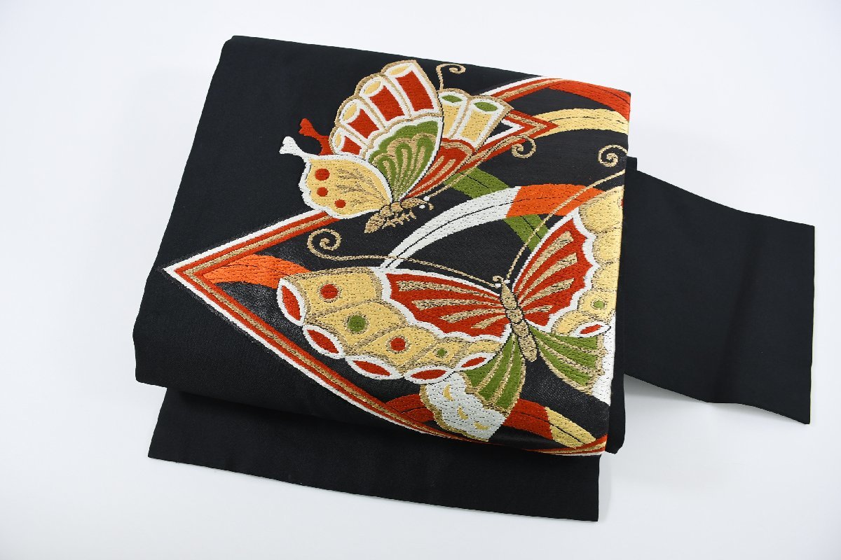 Yahoo!オークション - 名古屋帯 黒色 蝶々 金糸 葉 帯丈358cm 着物屋 n...