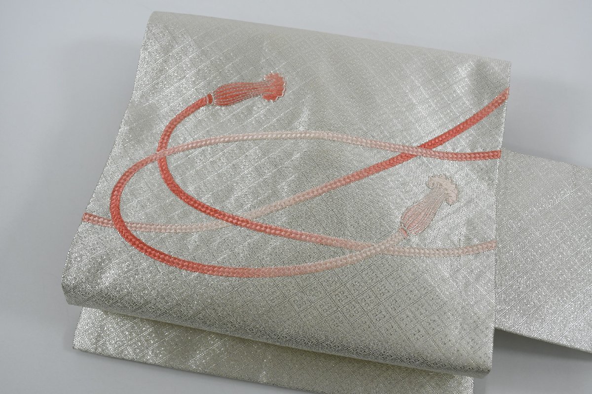 Yahoo!オークション - 名古屋帯 紐文 銀糸 帯丈346cm 着物屋 ne-5527 ...