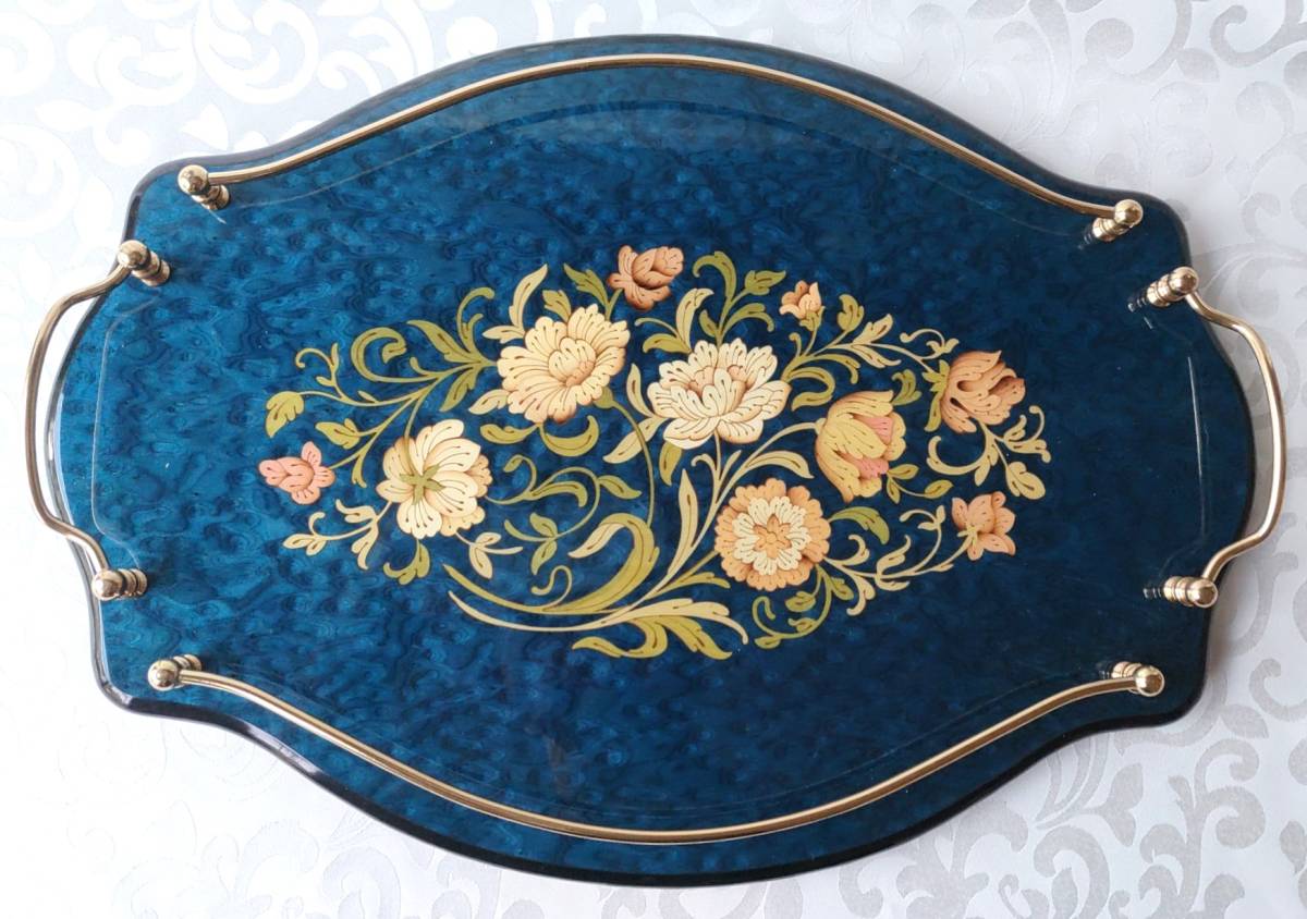 代購代標第一品牌－樂淘letao－★ 未使用★ イタリア製 トレー トレイ お盆 ITALY 青 イタリー Demain風 ドマン風 象嵌細工 ヴィンテージ 木製 アフターヌーンティー