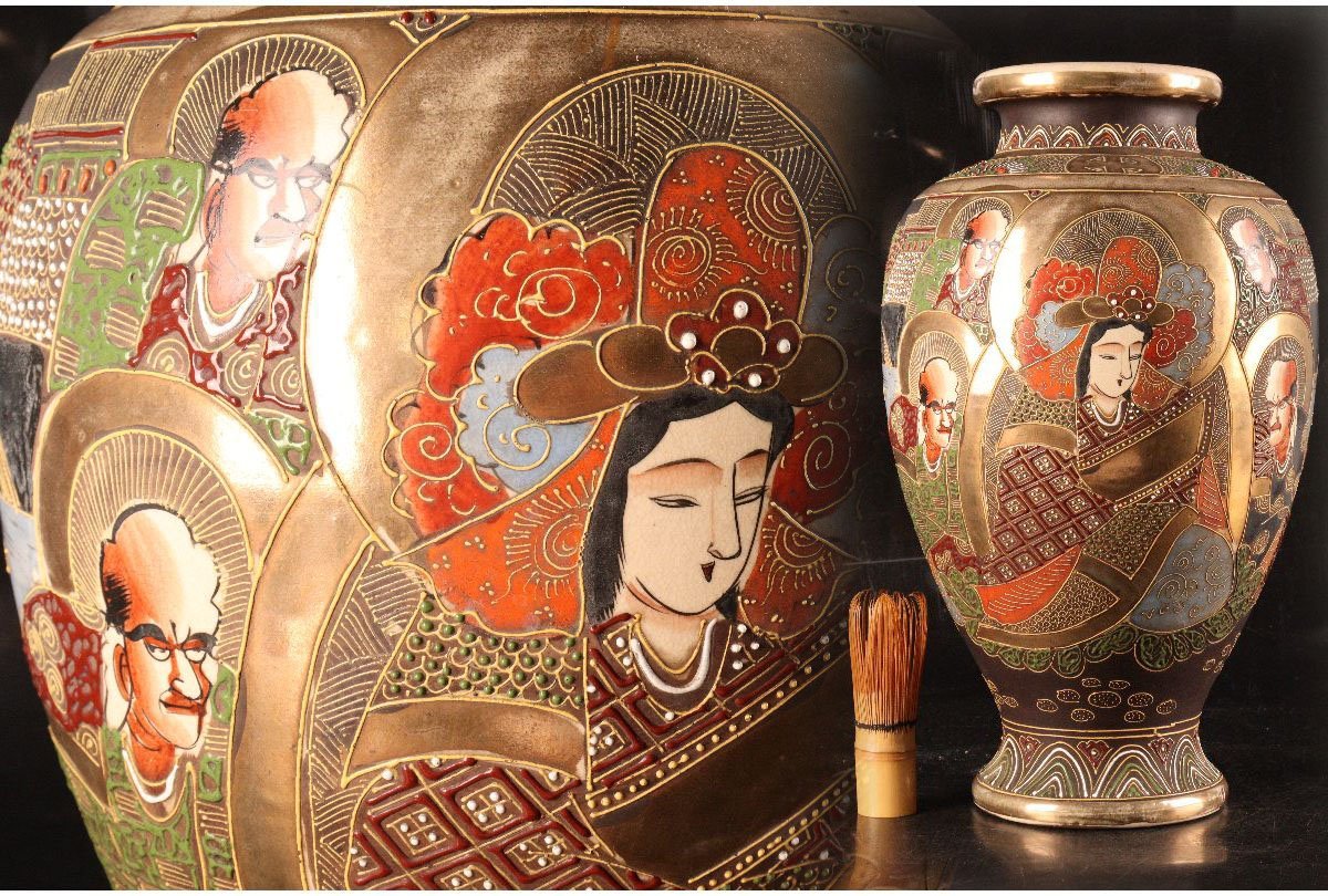 Yahoo!オークション - [URA]薩摩焼色絵金襴手賢人遊女図花瓶/H37.5cm/7...