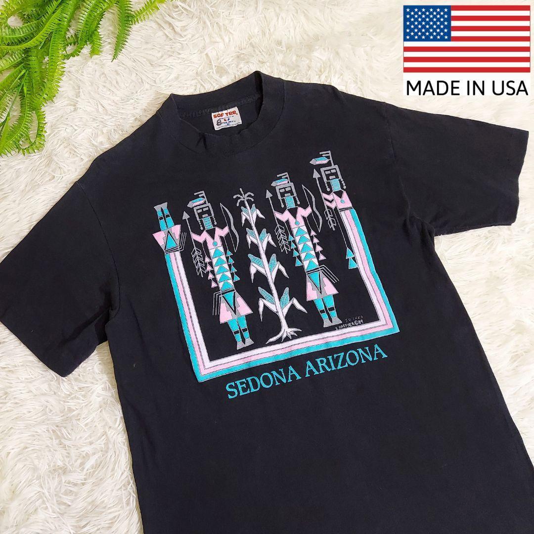 80年代 USA製 ネイティブアメリカン・アート・Tシャツ 黒 表記 80年代 USA製 ネイティブアメリカン・アート・Tシャツ 黒 表記
