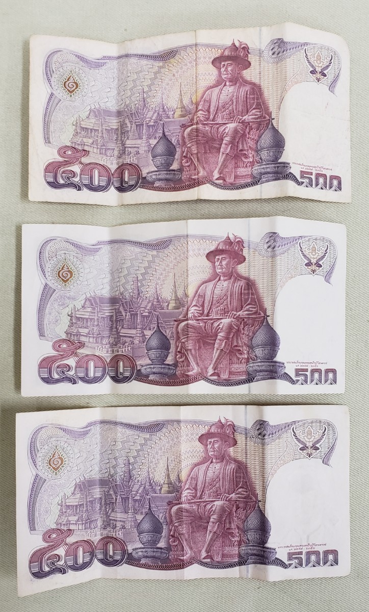代購代標第一品牌-樂淘letao-1500バーツ分 タイ王国 タイバーツ 紙幣 500×3 1500thb Thai 外国 紙幣