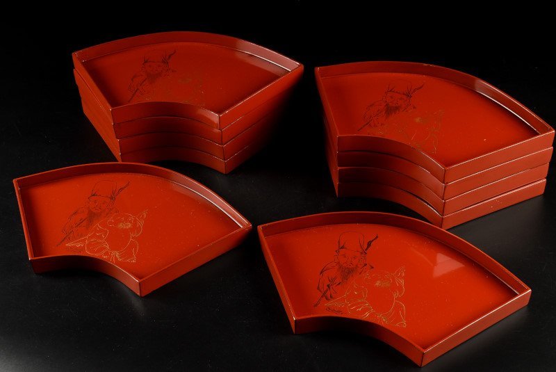 Yahoo!オークション - 【蔵A2422】能登輪島 朱塗沈金 扇形膳 盆 十客