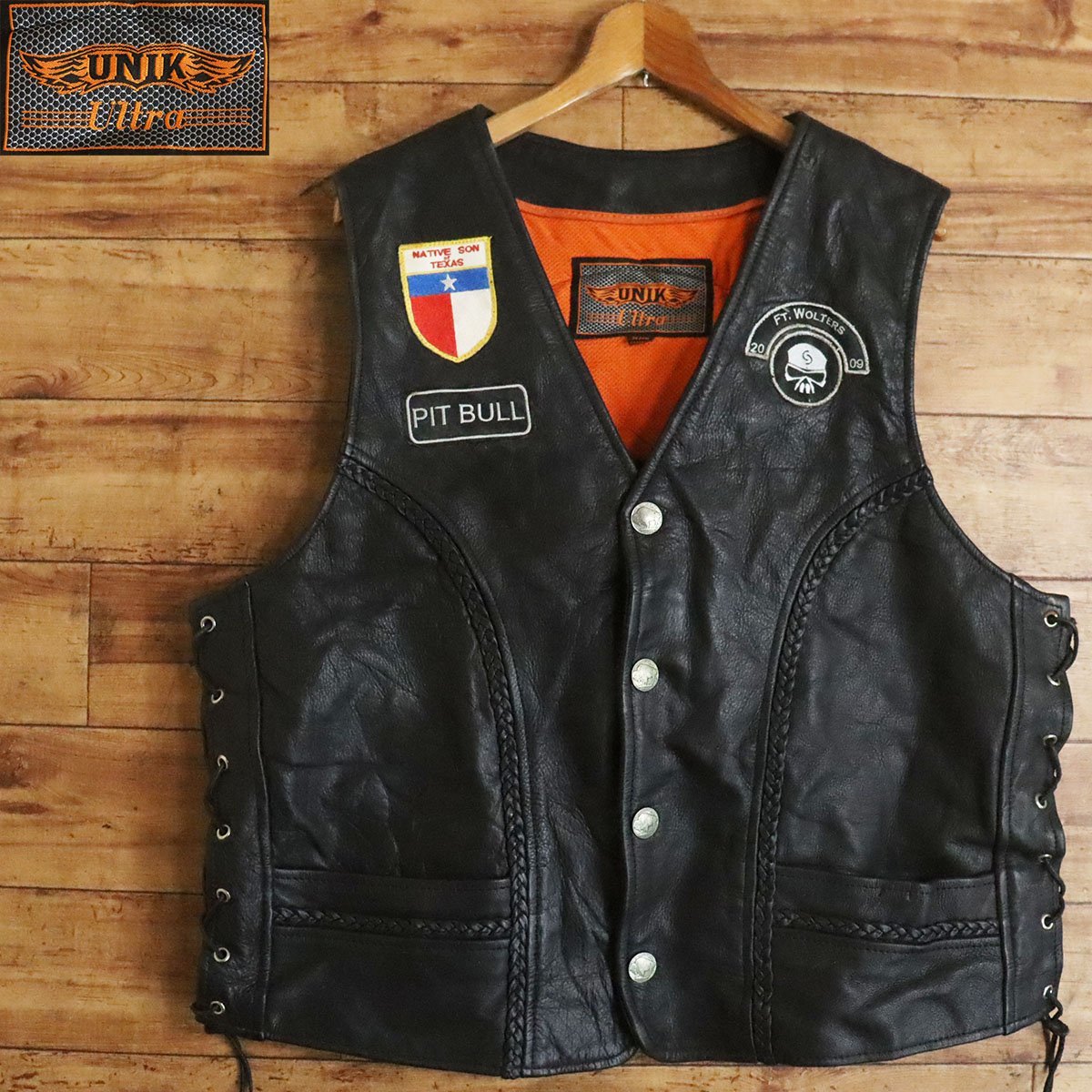 G1K/J9.4-3 UNIK Ultra レザーベスト 本革 5セントコンチョ バイカー モーターサイクル レーシング アメカジ メンズ XXL(ベスト)｜売買されたオークション情報 ...