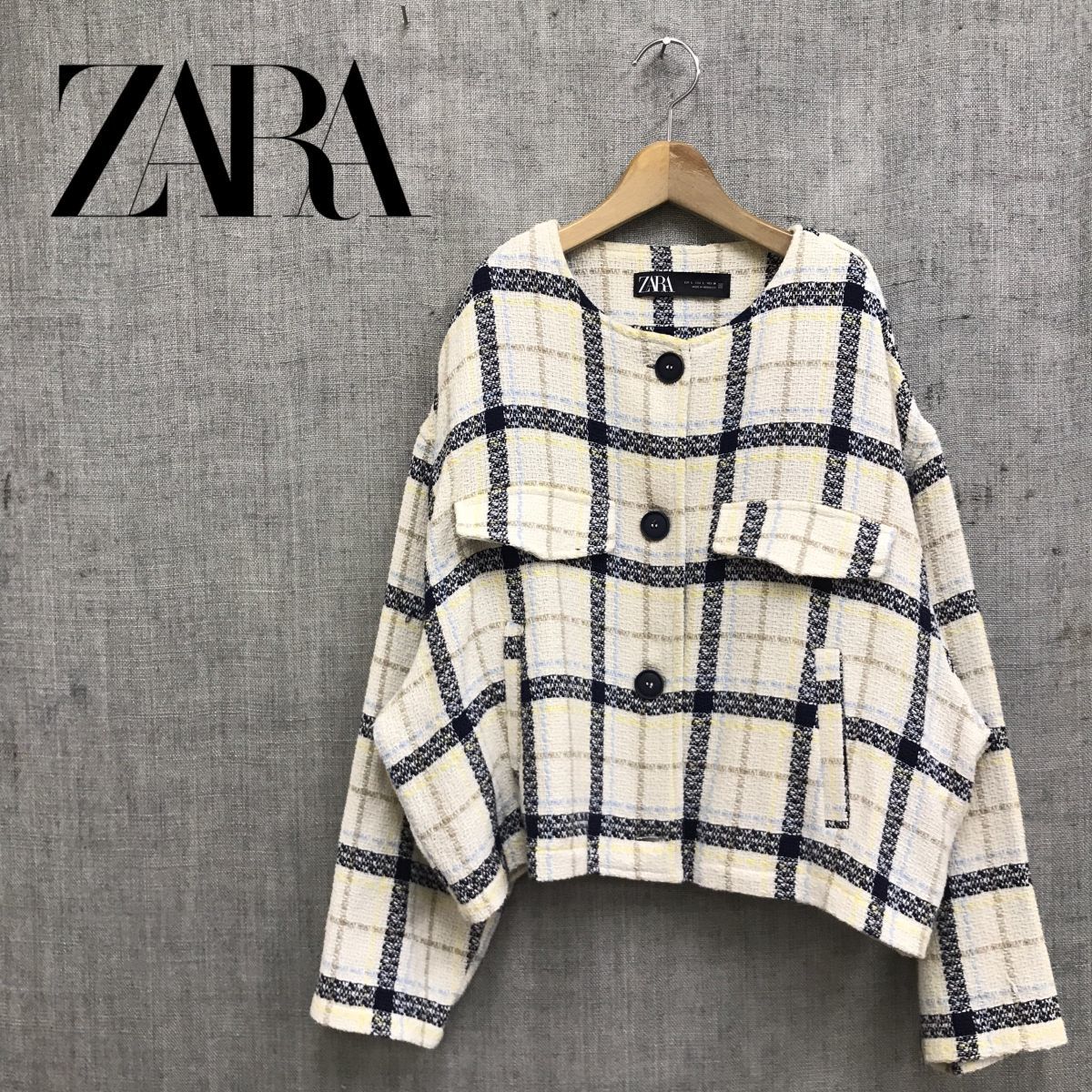代購代標第一品牌－樂淘letao－O514-R ZARA ザラ ツイード調ノーカラージャケット サイズL レディース ゆったり ドロップショルダー 綿混 カジュアル 羽織り 秋冬