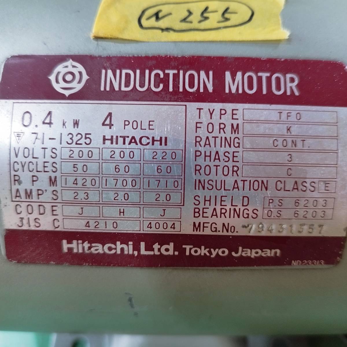 Yahoo!オークション - 整備済み 日立 HITACHI モーター 0.4kw×4P TFO-...