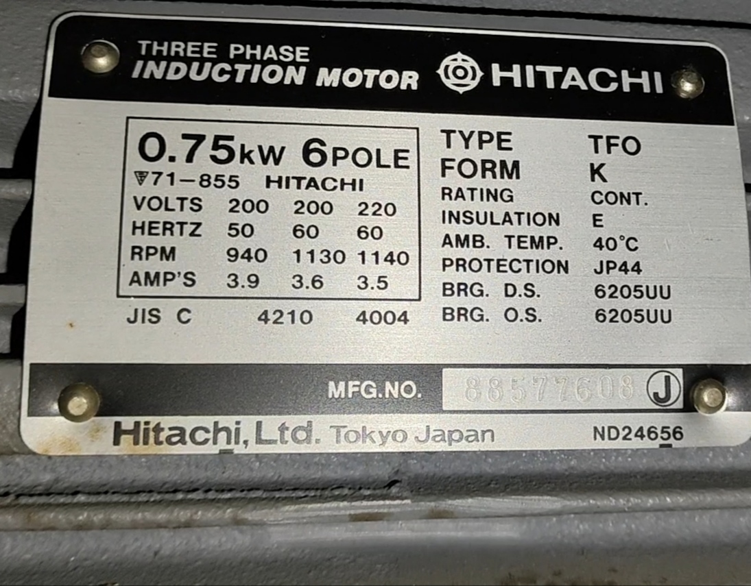 Yahoo!オークション - HITACHI 日立三相モートル 0.75kw 6p TFO-K 全閉...