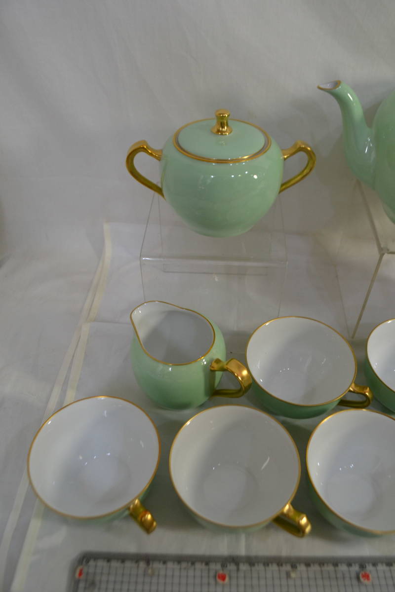 代購代標第一品牌－樂淘letao－V2）大倉陶園 OKURA 金彩＆ライトグリーン 未使用品 TEA SET 23pc C＆S6客 ティーポット ミルクポット シュガーポット