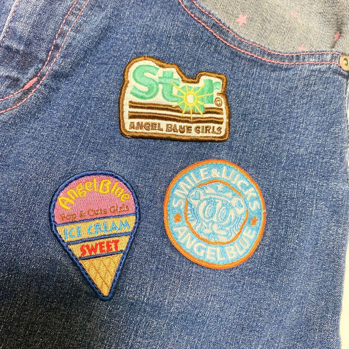 ANGEL BLUE デニムスカート ワッペン ナカムラくん 刺繍 160 ANGEL BLUE デニムスカート ワッペン ナカムラくん 刺繍 160