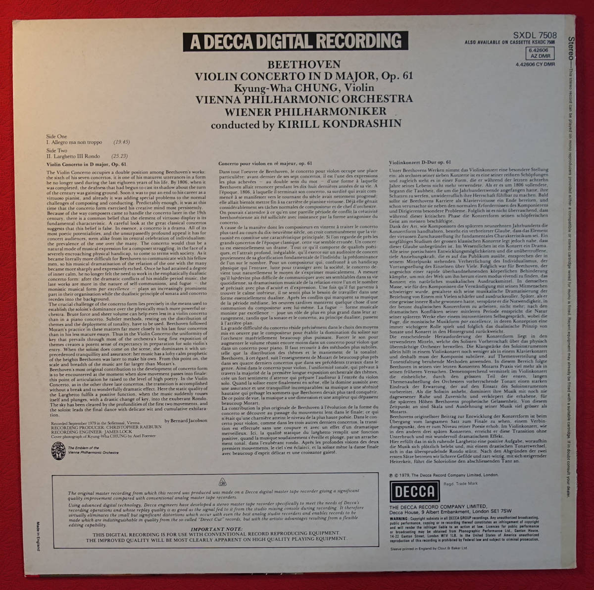 英DECCA SXDL 7508 ベートーヴェン: ヴァイオリン協奏曲 チョン キョンファ(協奏曲)｜売買されたオークション情報、yahooの商品情報をアーカイブ公開 - オークファン ...