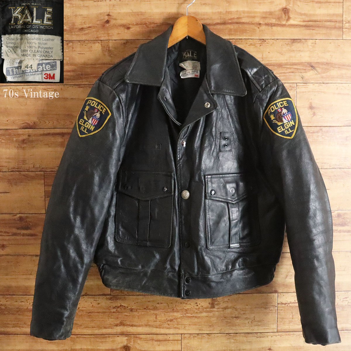 B6sy616 2 70s ビンテージ カナダ製 Kale Uniforms ポリスマンジャケット 本革 レザージャケット Clixジッパー 44 ブラックxlサイズ以上|売買された