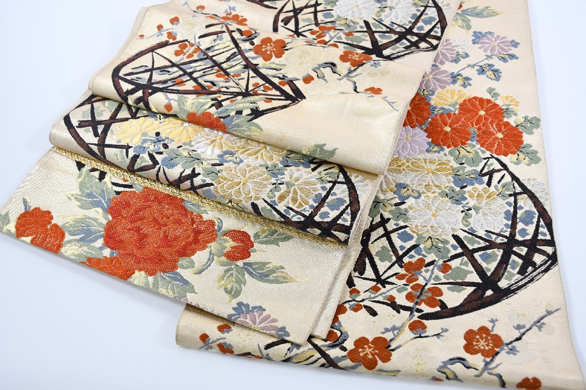 Yahoo!オークション - 袋帯 未仕立て 六通柄 花 リメイク素材 帯丈422c...