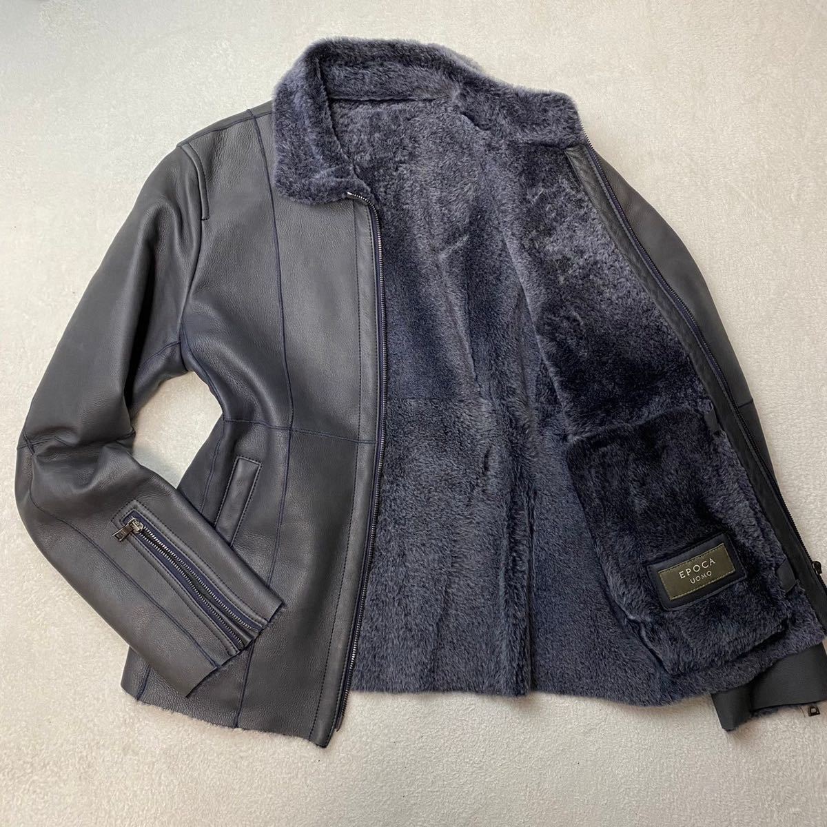 日本代購代標第一品牌【樂淘letao】－新品保管!!エポカウォモ 極上ムートン ジャケット ライダース ブルゾン 裏ボア 46/M-L EPOCA UOMO メンズ 羊革 ラムレザー グレー 極暖