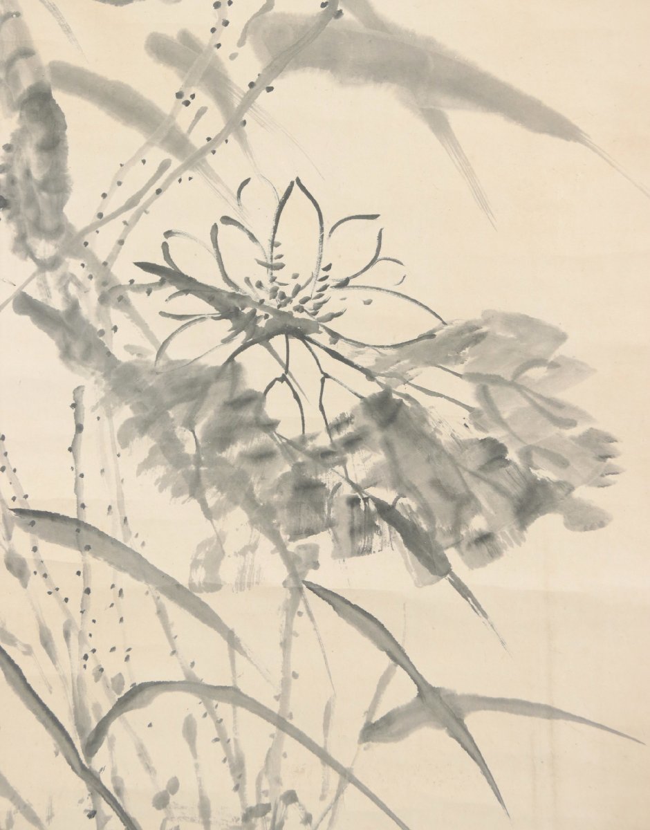 真作】 長崎三大家の一人 木下逸雲 荷中君子図 貫名菘翁画讃 紙 真作】 長崎三大家の一人 木下逸雲 荷中君子図 貫名菘翁画讃 紙