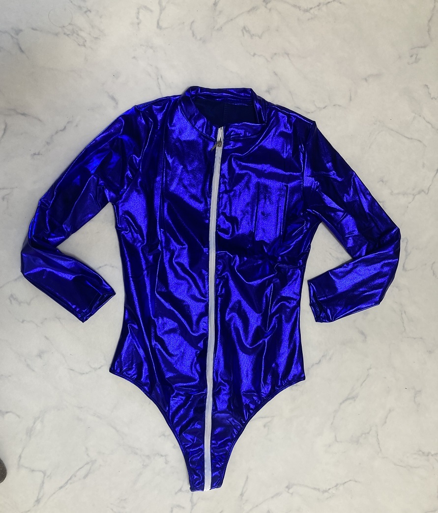 日本代購代標第一品牌【樂淘letao】－2XLサイズ 紺色光沢 PUエナメル光沢フェイクレザー長袖 レオタード1WAYファスナー付き