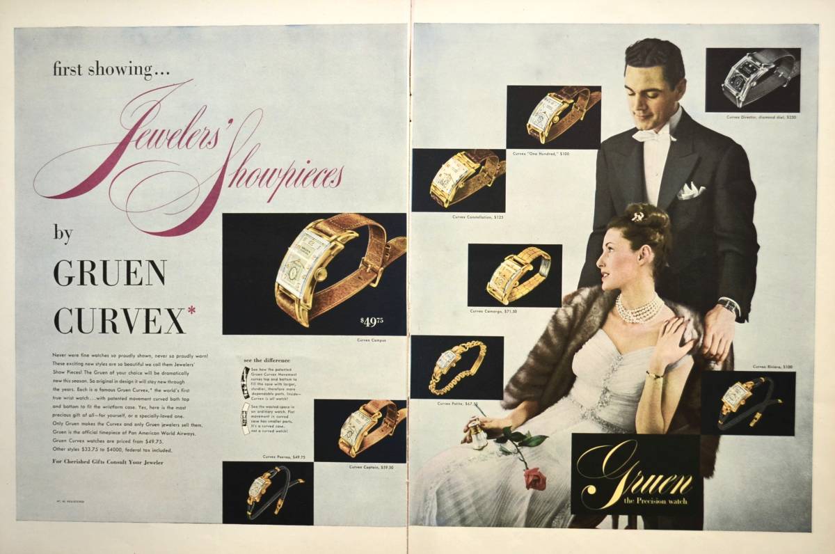 Yahoo!オークション - 稀少・広告 1947年グリュエン カーベックス 時計...