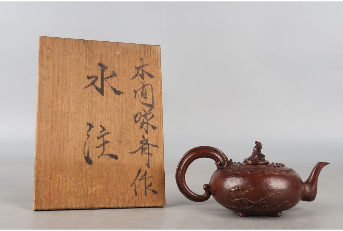 Yahoo!オークション - [URA]本間琢齋 作/銅製人物摘蓋鶴波文水注/242g/...