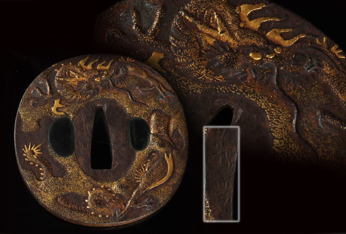 Yahoo!オークション - [URA]刀剣美術/在銘 /鉄地金象嵌龍図丸形鍔/153g...