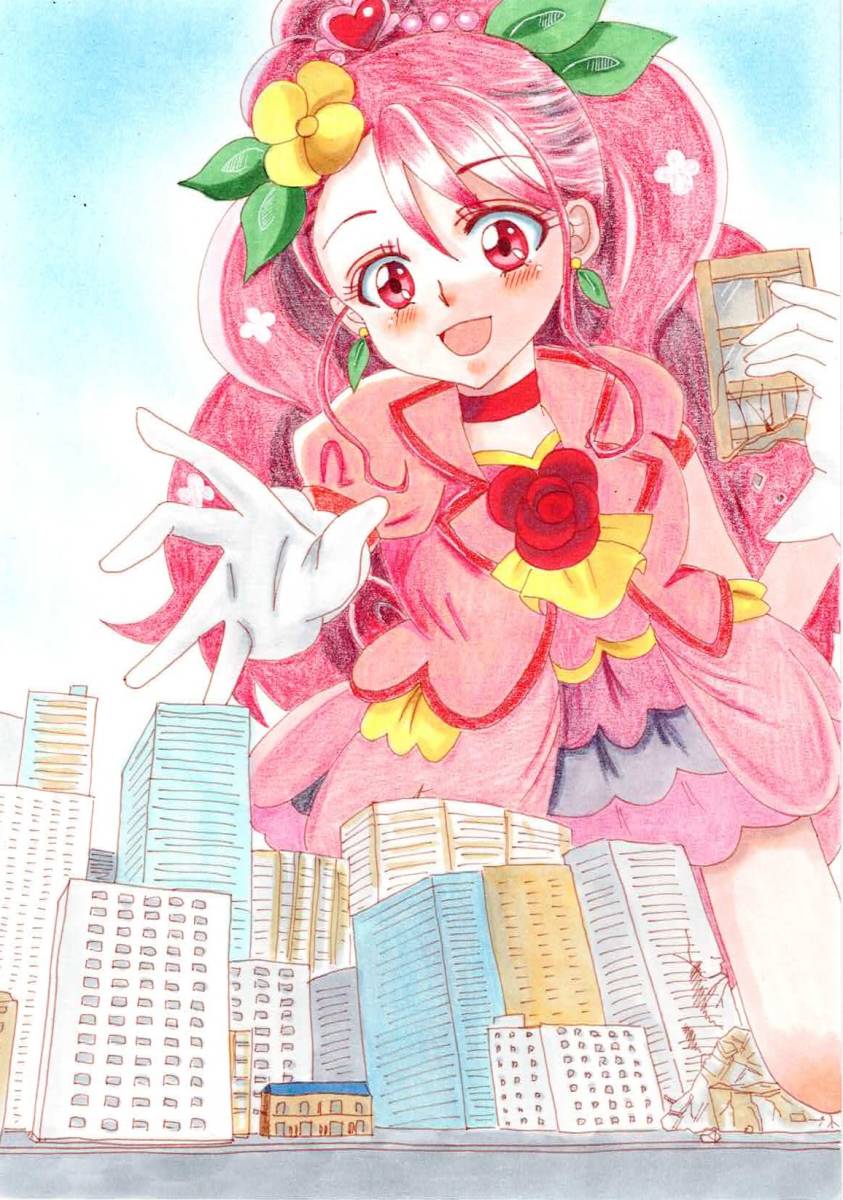 同人 手描きイラスト キュアグレース 花寺のどか ヒーリングっどプリキュア 巨大化 巨大娘 A5サイズ