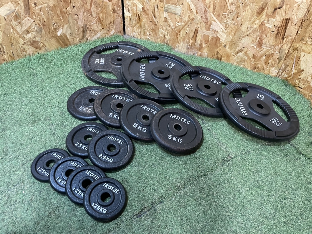 iROTEC アイロテック バーベルプレートセット 15Kg×2/10Kg×2/5Kg×4/2.5Kg×2/1.25Kg×4/計80Kg 穴系28mm 1775(バーベル、ダンベル)｜売買され ...