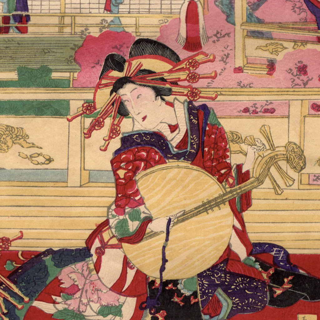 浮世絵】真作「楊洲周延」木版画「大文字楼繁栄ノ図」三枚続 浮世絵】真作「楊洲周延」木版画「大文字楼繁栄ノ図」三枚続