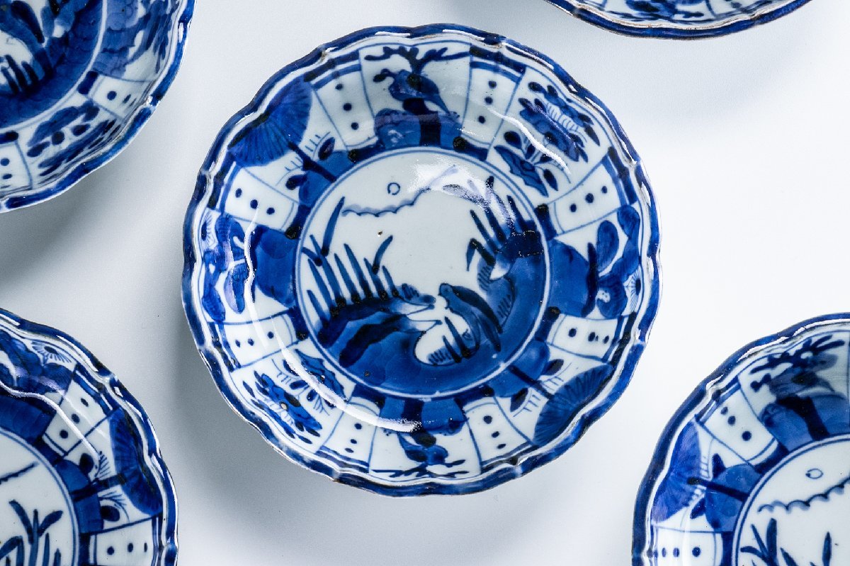 Yahoo!オークション - 【うつわ】 古伊万里 染付 芙蓉手花鳥文平鉢 8客...