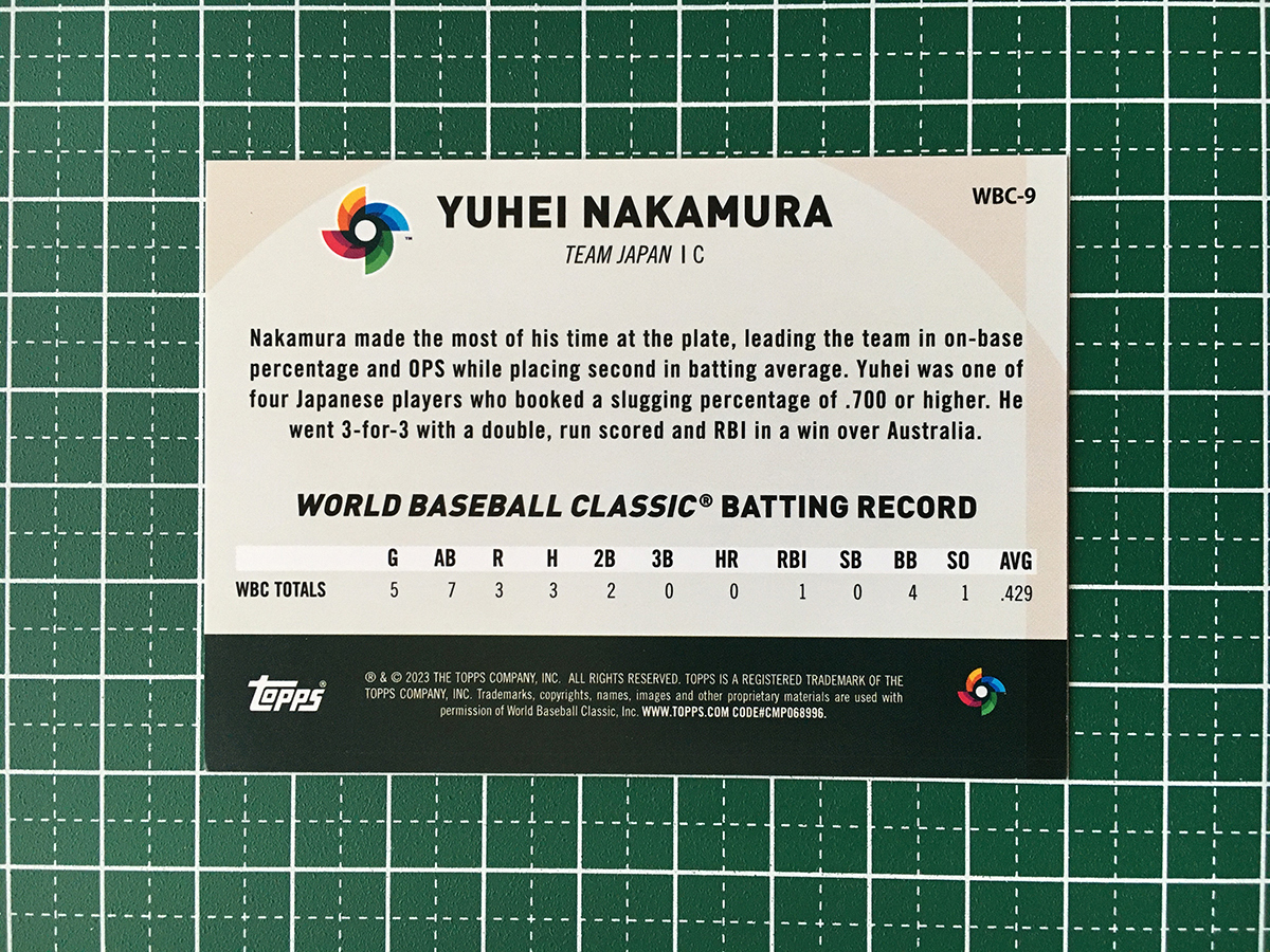 TOPPS MLB 2023 JAPAN EDITION #WBC-9 中村悠平／YUHEI NAKAMURA 侍ジャパン インサートカード WBC JAPANESE NATIONAL ...
