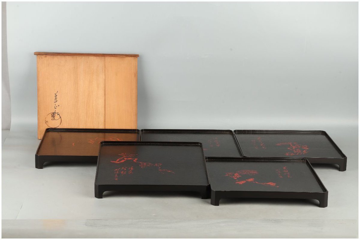 Yahoo!オークション - [URA]道正 造/朱塗草花図絵替膳5客/共箱/A13/5-s...