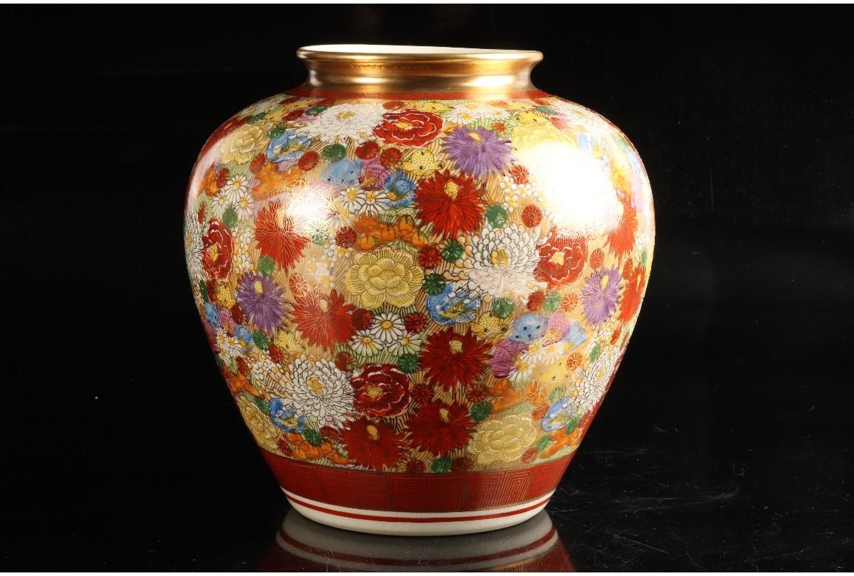Yahoo!オークション - [URA]眞栄 造/九谷焼/色絵金彩花詰文花瓶/A16/6-...