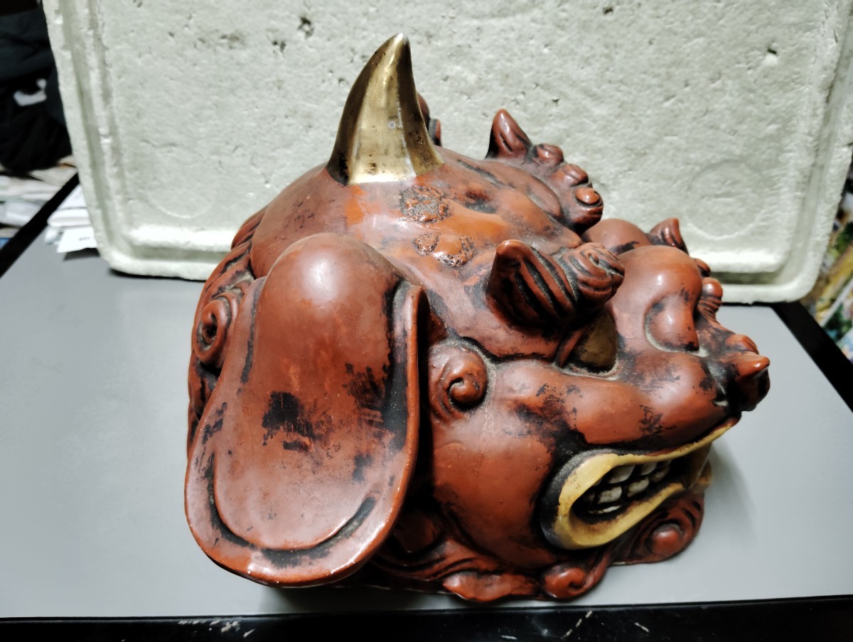 置物 九谷焼 魔除け 獅子頭 獅子 狛犬 古い ちょっと約30センチ 置物 九谷焼 魔除け 獅子頭 獅子 狛犬 古い ちょっと約30センチ