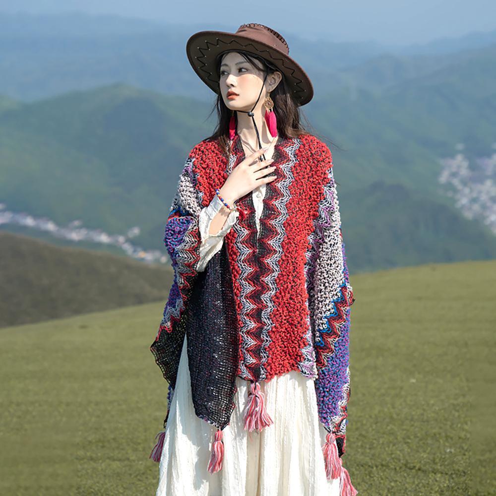 SALE エスニック ポンチョ ストール レッド/パープル 大判サイズ SALE エスニック ポンチョ ストール レッド/パープル 大判サイズ