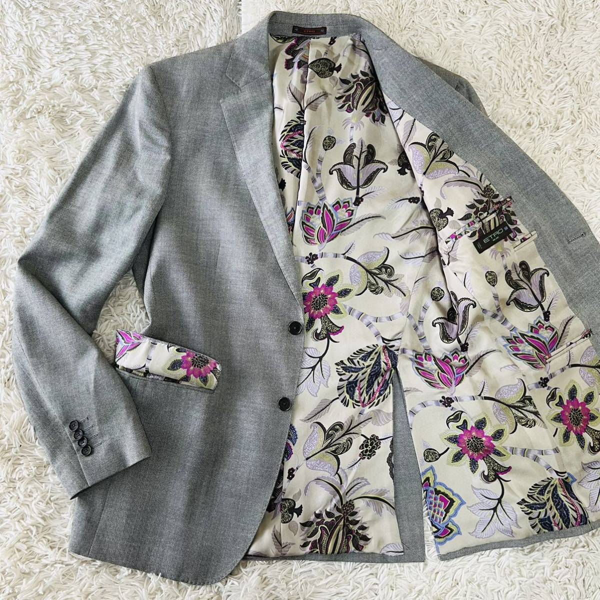 日本代購代標第一品牌【樂淘letao】－稀少XL！エトロ『極上のシルク混』ETRO 裏地花柄 2B テーラードジャケット ブレザー 50 グレー メンズ 大きいサイズ