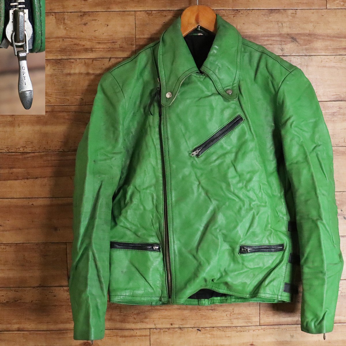 H9S/S2.12-3 ユーロ古着 ダブルライダース 本革 レザージャケット 革ジャン 皮ジャン OPTIジッパー 50 グリーン ヴィンテージ(Mサイズ)｜売買されたオークション情報 ...
