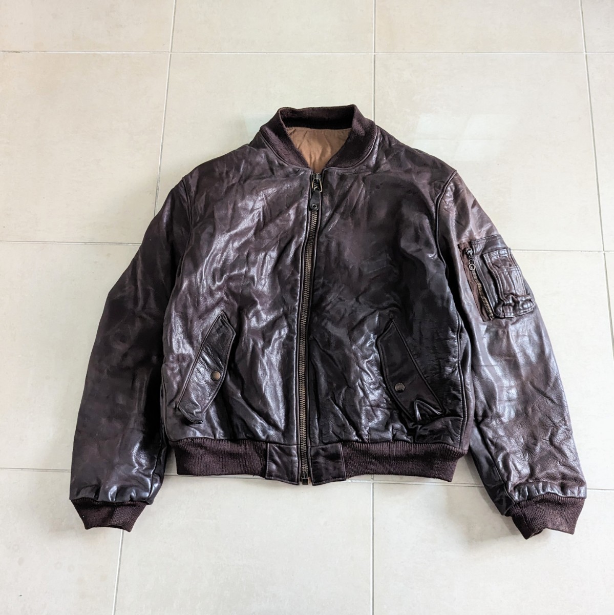 Yahoo!オークション - 70s USA製 MA-1 レザージャケット ブラウン 本革...