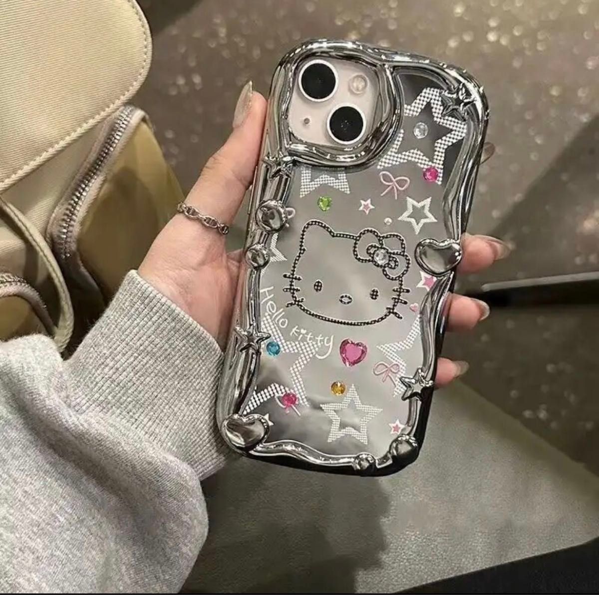 キティちゃん ミラー風 シルバー ラインストーン付き iPhone キティちゃん ミラー風 シルバー ラインストーン付き iPhone