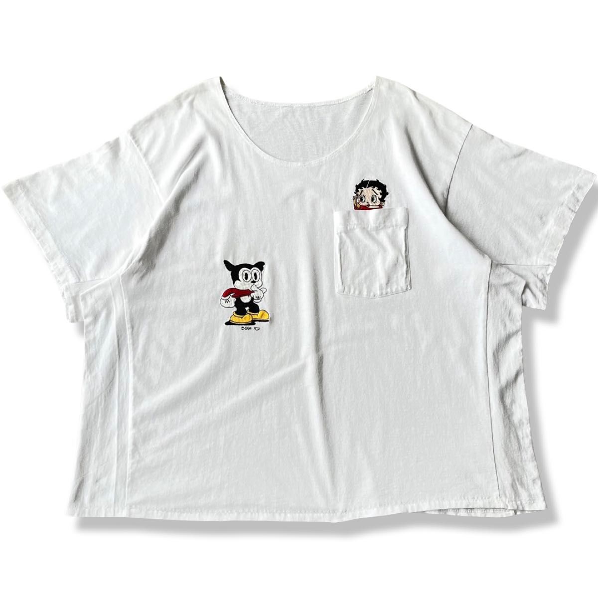 90s】Betty Boop 刺繍イラスト 半袖ポケットTシャツ 白 ベティー 90s】Betty Boop 刺繍イラスト 半袖ポケットTシャツ 白 ベティー