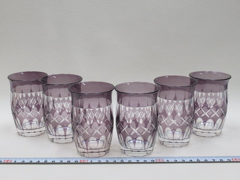 Yahoo!オークション - D1120 切子 色被せガラス グラス 6客 紫 コップ ...