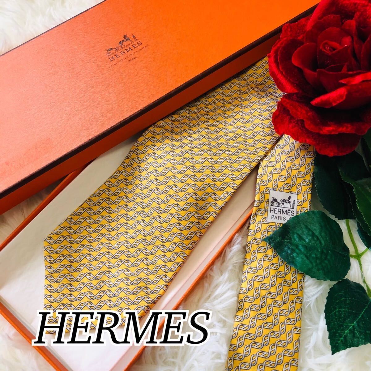 日本代購代標第一品牌【樂淘letao】－HERMES エルメス メンズ 男性 紳士 ネクタイ ブランドネクタイ 総柄 イエロー 黄 ビジネス 結婚式 美品 未使用に近い 剣先 9.5cm