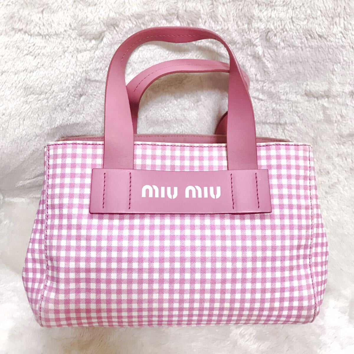 美品 miumiu カナパ トートバッグ キャンバス ギンガムチェック 美品 miumiu カナパ トートバッグ キャンバス ギンガムチェック