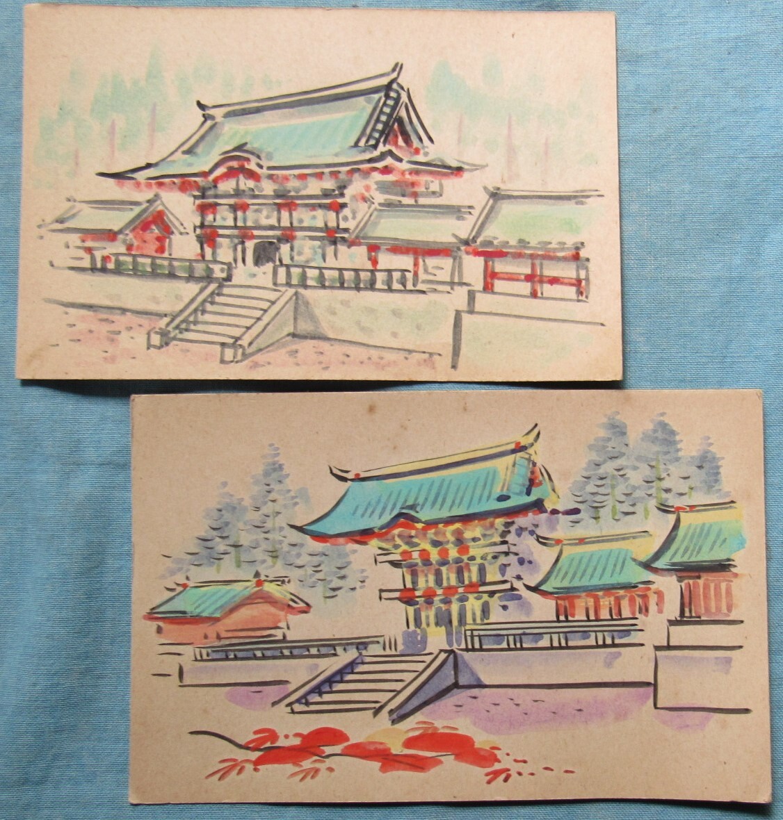 Yahoo!オークション - R92 戦前絵葉書 京都か日本旅行土産 肉筆水彩画...