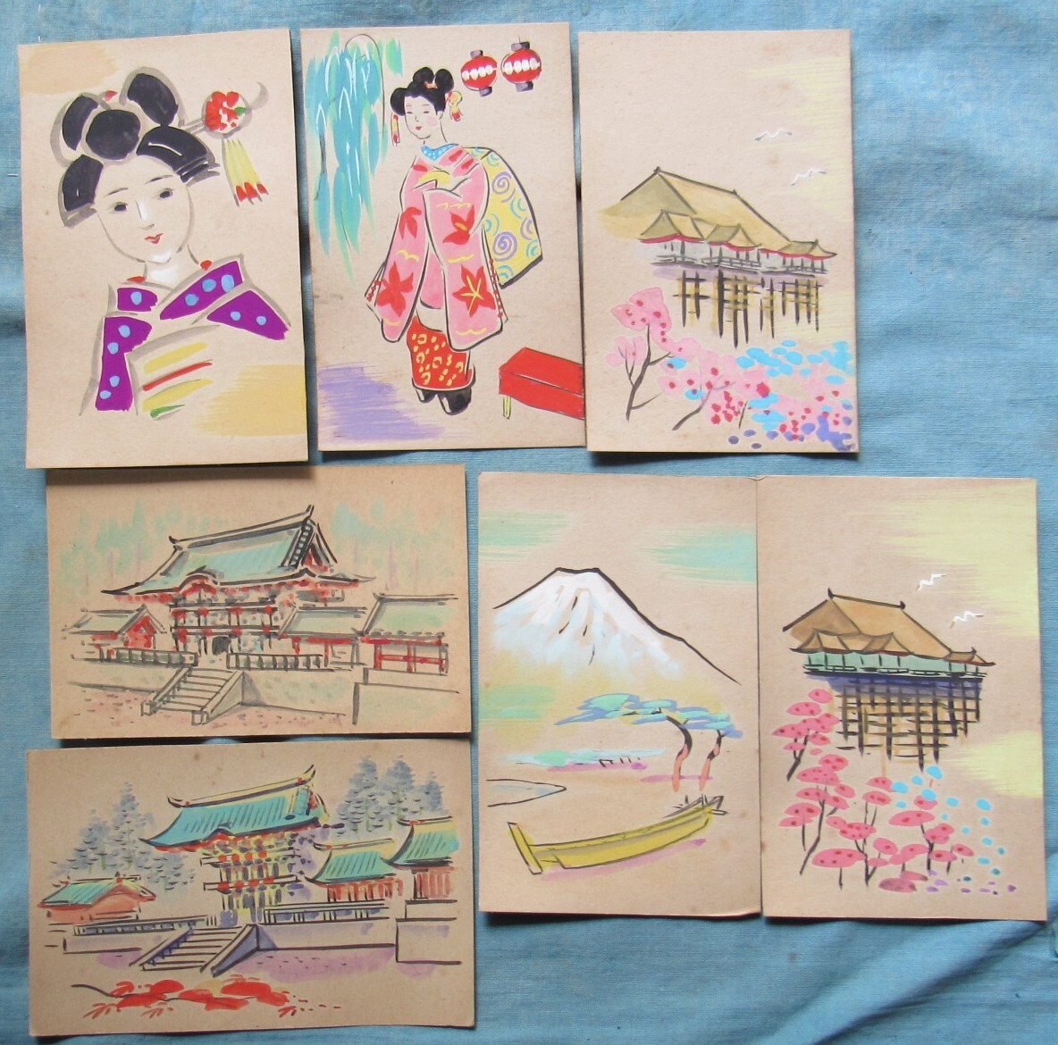 Yahoo!オークション - R92 戦前絵葉書 京都か日本旅行土産 肉筆水彩画...