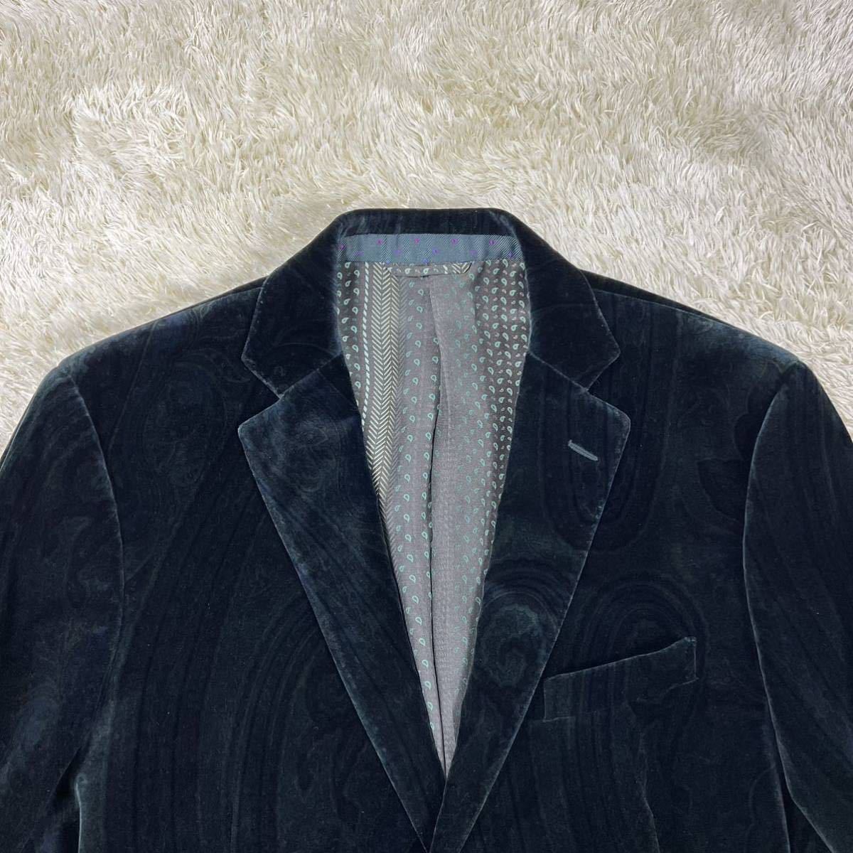 日本代購代標第一品牌【樂淘letao】－超希少 シャドーペイズリー 表地 ETRO エトロ ベロア ベルベット サイズ54 テーラードジャケット シルク 濃緑 3L 裏地ミニペイズリー 縦縞