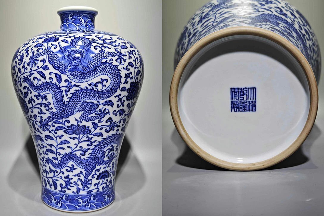 Yahoo!オークション - 観心・時代旧蔵 C956大清乾隆年製 青花五龍穿纏...