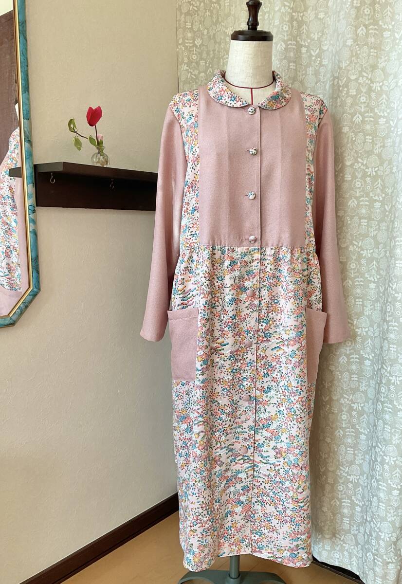 2wayワンピース Lサイズ 丸襟 花柄 ピンク 正絹 着物リメイク 2wayワンピース Lサイズ 丸襟 花柄 ピンク 正絹 着物リメイク